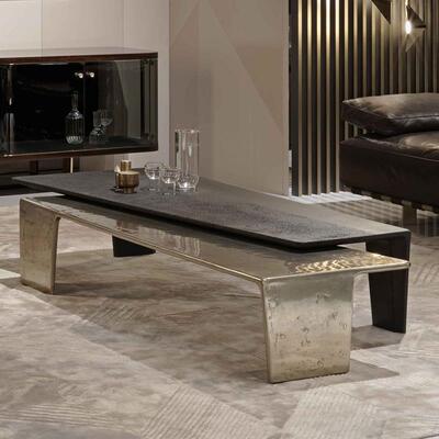 DEGAS意式轻奢不锈钢锤纹高低组合茶几客厅异形实木桌设计师款