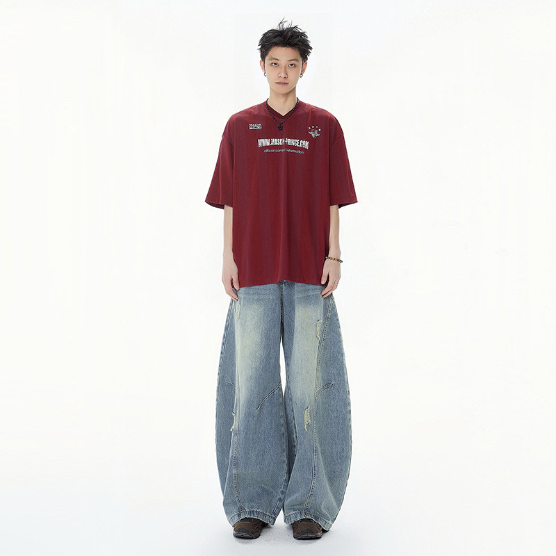 美式复古水洗弯刀破洞牛仔裤男2025年夏季宽松cleanfit休闲阔腿裤