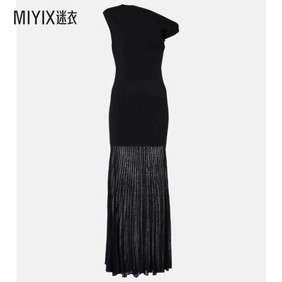 Sir 女士靛蓝色扭纹单肩长款连衣裙  迷衣时尚