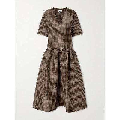 Ganni 甘尼 女士 中长连衣裙 recycled-taffeta 褶皱方格棉布
