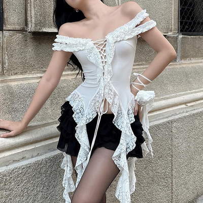 度假风蕾丝拼接荷叶边飘带抹胸背心女2025夏季法式纯欲性感上衣女