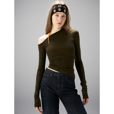 MISS CHANGE 天丝羊毛斜肩T恤设计感抽褶弹力收腰显瘦长袖上衣女