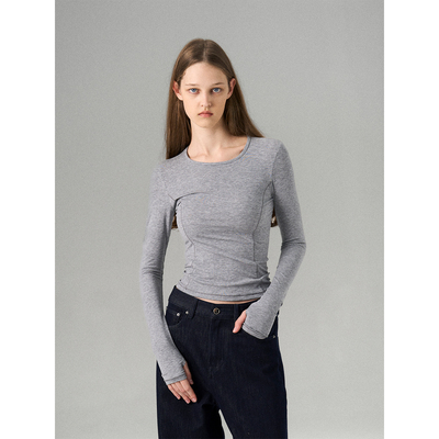 MISS CHANGE 天丝分割高弹长袖t恤女修身显瘦收腰紧身打底衫上衣