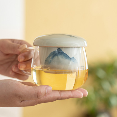 冰台手绘山岚玻璃马克杯茶水分离陶瓷内胆办公室杯子过滤泡茶杯