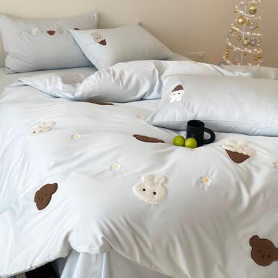 卡通风澳全床棉四件套可棉爱布绣纯贴棉被罩床单上用0000397品蓝