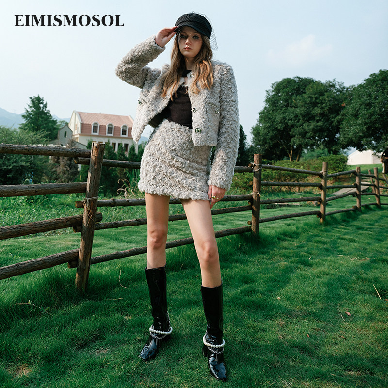EIMISMOSOL灰色玫瑰方钻卷外套短裙冬保暖套装