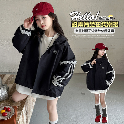 韩版女童春秋连帽冲锋衣外套