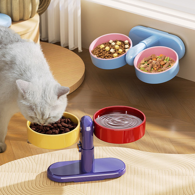 吸盘升降猫碗水碗狗碗宠物猫粮多巴胺双碗不易打翻可壁挂贴墙旋转