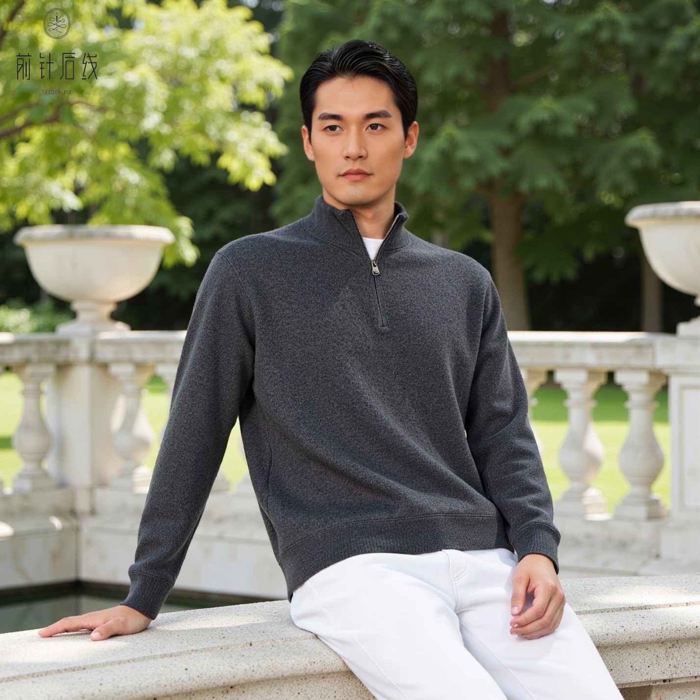 前针后线100%纯羊绒衫男士半拉链半高领长袖立领男装秋冬保暖男款