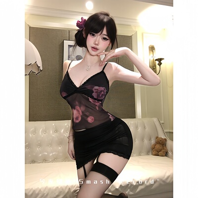 甜美透视玫瑰吊带睡裙短裙套装