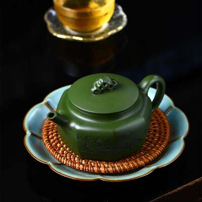 石NHP太湖松延年鹤八方壶宜兴紫砂壶原工矿绿泥纯全手泡茶壶茶具