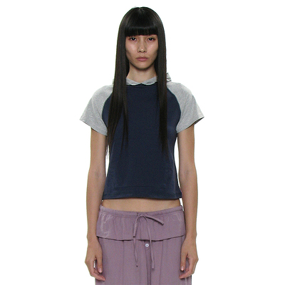 拼接连帽短袖修身短款时尚T恤