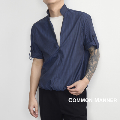 COM26SS【奥地利天丝内衬立领拉链假两件】新中式条纹倒三角衬衫