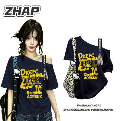 ZHAP夏季斜肩短袖T恤女显瘦