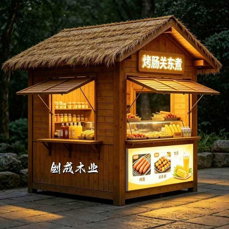 户外森林咖啡木屋售货亭茅草顶小木屋庭院商业街旅游景区复古凉亭