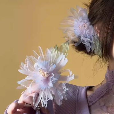 淡紫菊花仿烫花薄纱绢花发夹