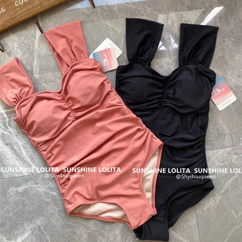 新品连体泳衣褶皱遮显q瘦少女甜美保守遮肚温泉泳装孕妇可穿度假