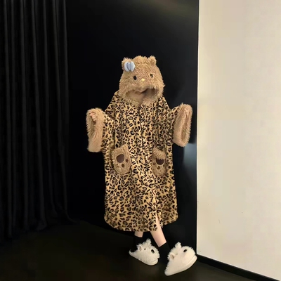 豹纹Hellokitty睡衣女秋冬珊瑚绒