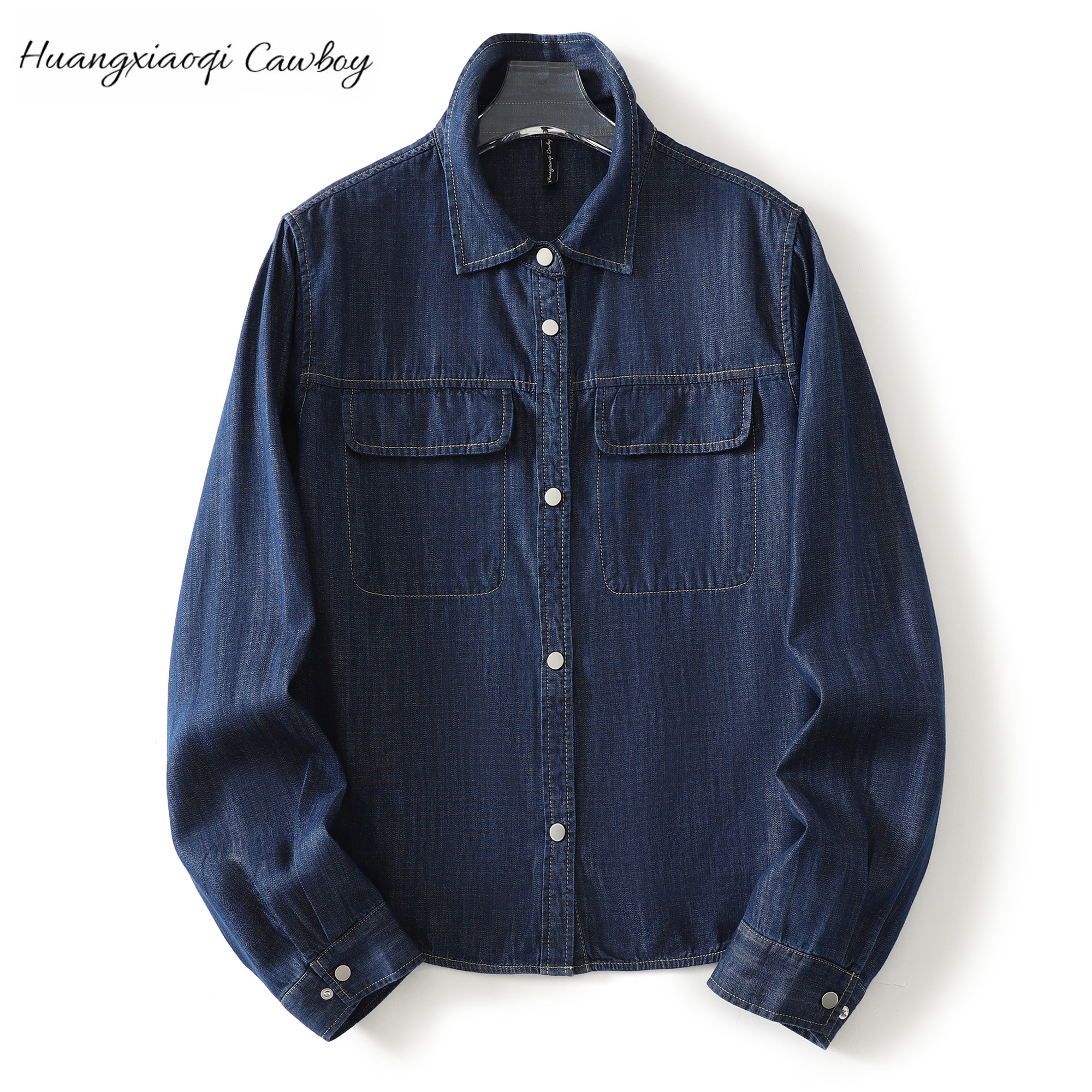 Huangxiaoqi Cowboy新款复古水洗合身休闲翻领工装百搭牛仔衬衫