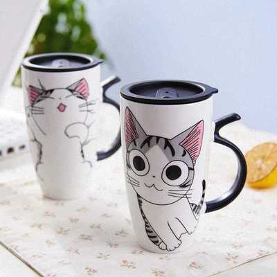 极速600ml Cute Cat Cerics Coffee Mug witKh Lid Large Capacit