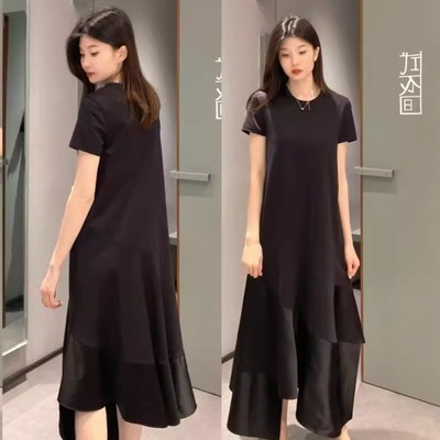 JN*Y A字休闲连衣裙圆领短袖复古赫本风气质女夏薄款长款