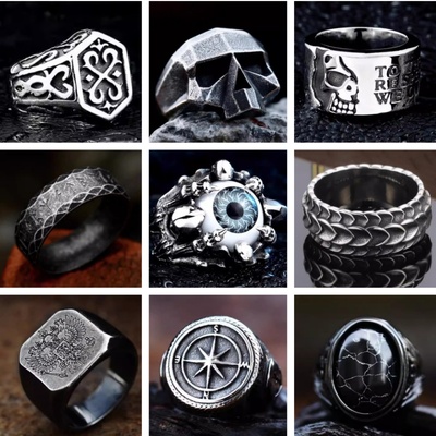 ROCK PUNK霸气复古风欧美骷髅朋克钛钢戒指高级感宽版时尚潮指环