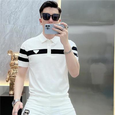 2024夏季新款个性条纹修身弹力透气薄款针织冰丝翻领短袖polo衫男