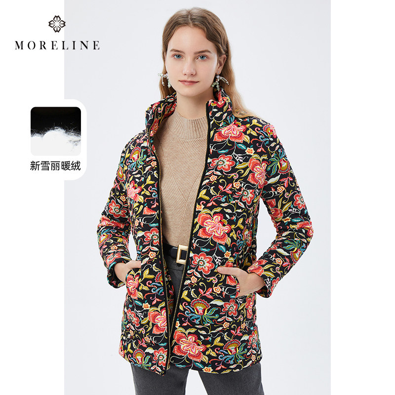 MORELINE商场同款棉印花棉服冬装中长款立领保暖棉衣女