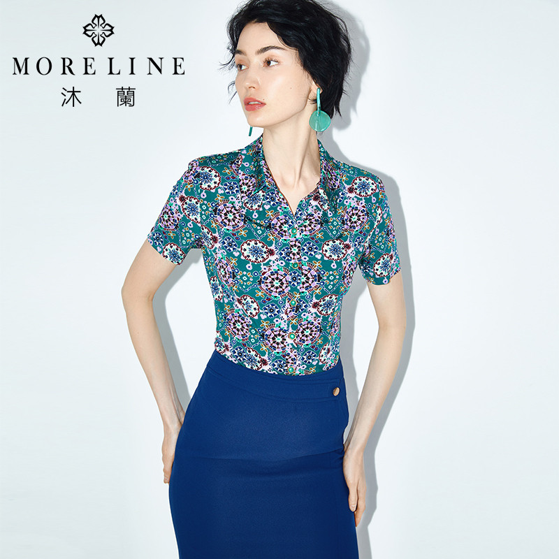 MORELINE商场同款衬衣女士设计师印花显瘦百搭高端衬衫