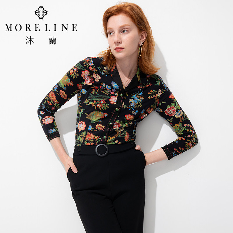 MORELINE商场同款森系印花衬衫女冬装复古国风小V领修身衬衣