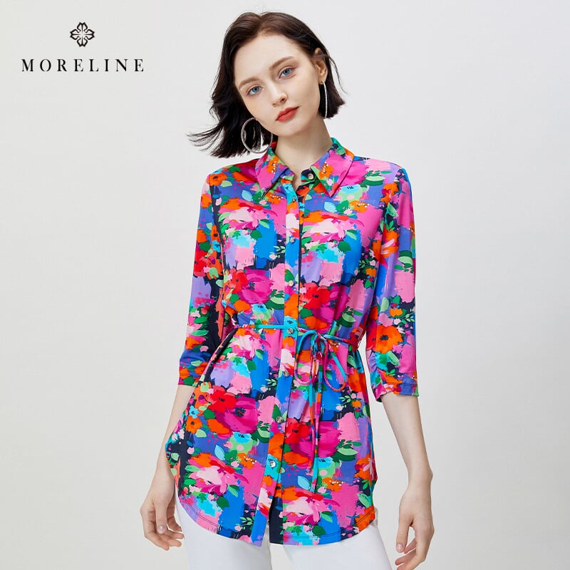 MORELINE沐兰法式优雅印花衬衫女设计感系带中长款衬衫