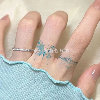 蓝色蝴蝶手指款彩色纹身贴女持久