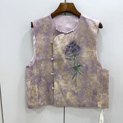 19418欧货2026春斜门襟盘扣亮丝重工亮片刺绣花人丝国风马甲外套
