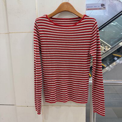 2778欧货设计感条纹针织衫女减龄显瘦百搭长袖一字肩绵羊毛上衣秋
