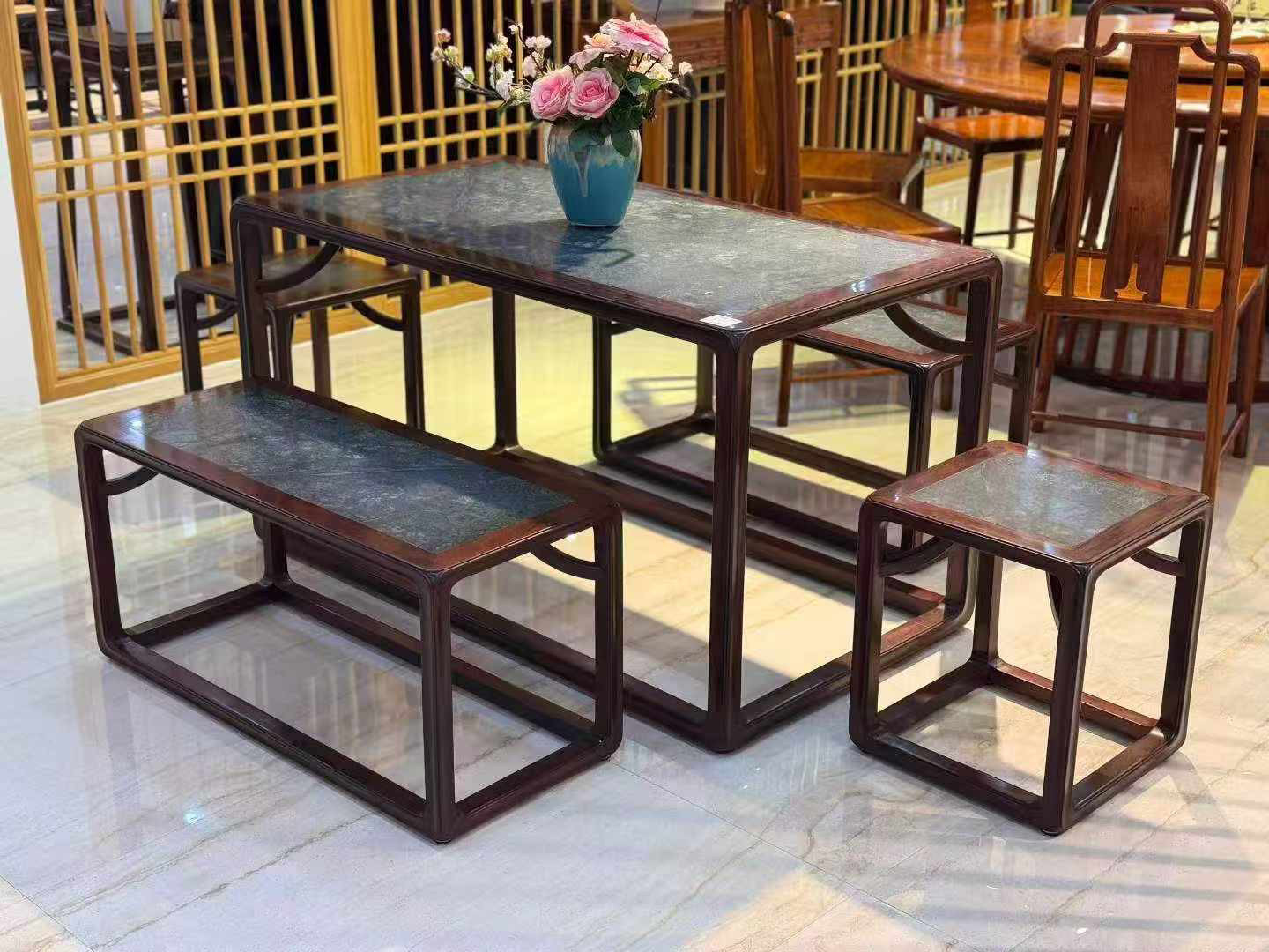 红木家具大红酸枝镶玉石休闲桌五件套交趾黄檀休闲茶桌饭桌组合
