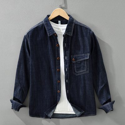 7820日系复古牛仔长袖衬衫时尚百搭文艺休闲宽松上衣男装一件代发