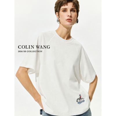 COLINWANG-长绒棉美式休闲童趣刺绣短袖白T恤张若愚