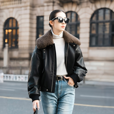 【知喜ziJoy】冬黑色皮衣羽绒服