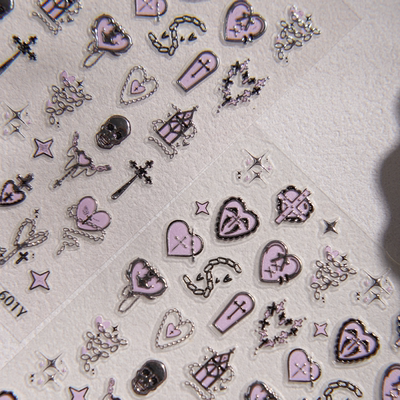 哥特风粉紫甜丧爱心骷髅十字架贴