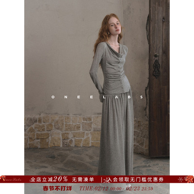 ONEELABS原创品牌 极简好穿主义 荡领抽褶苎麻针织上衣半身裙套装