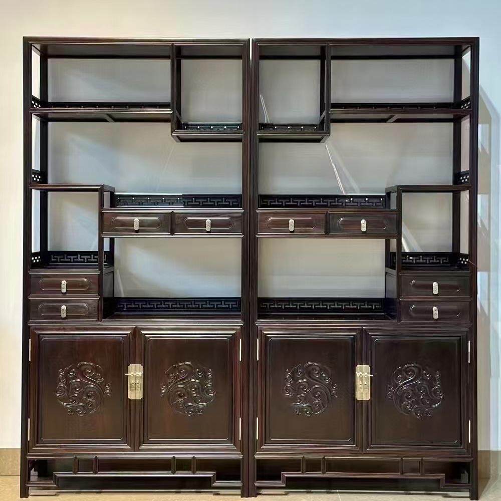 大红酸枝红木博古架多宝阁实木中式小摆件展示架雕花茶具架古董架