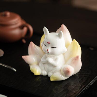 新中式可爱九尾狐禅意陶瓷宠工艺品客桌面厅茶装物饰吉祥茶桌FAW