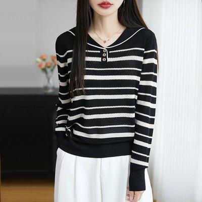 延初时尚拼色海军领针织衫女Z士毛衣宽松短款时尚打底衫潮