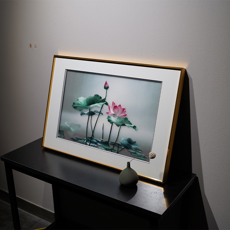 苏绣成品挂画新中式床头画纯手工客厅餐厅玄关走廊中国风刺绣荷花