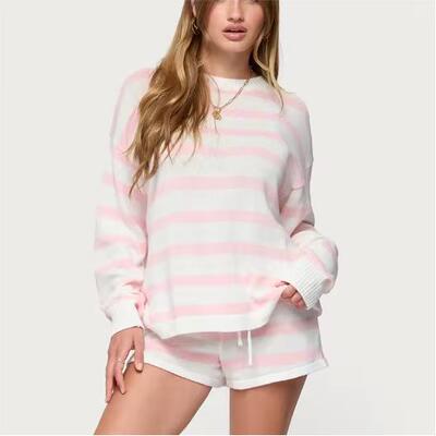 Women's Chic Contrasting Striped Knit Set - Two-piece Crew