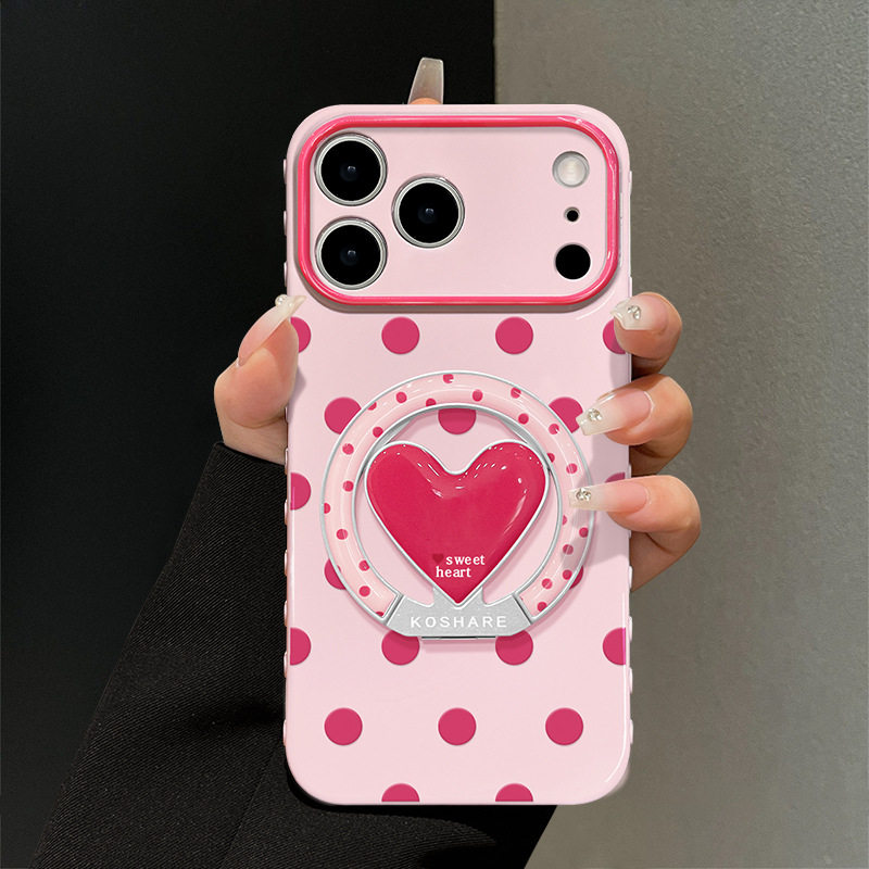 适用苹果17promax手机壳15韩系简约iphone16波点爱心支架14大视窗