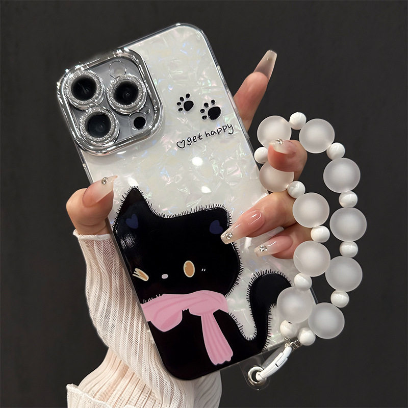 适用苹果17promax手机壳iphone15可爱黑猫手链16新女款14卡通13硬