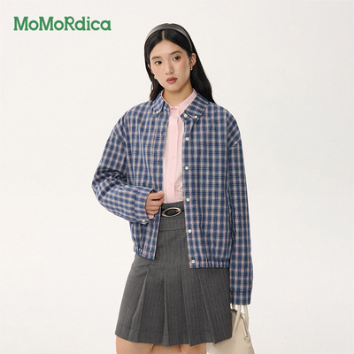 MoMoRdica2025秋季女夹克复古蓝格纹外套棉防风休闲加厚外套洗水