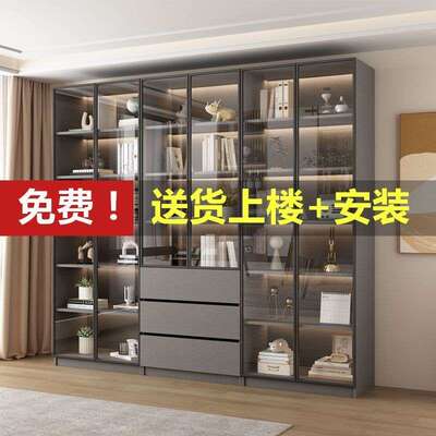 轻新奢书柜一体靠墙木带玻ADQ璃门示柜可展可订家用客厅实书架款