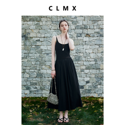 CLMX云柔悬垂弹力棉混纺螺纹针织布女时髦造型感INS风拼接连衣裙